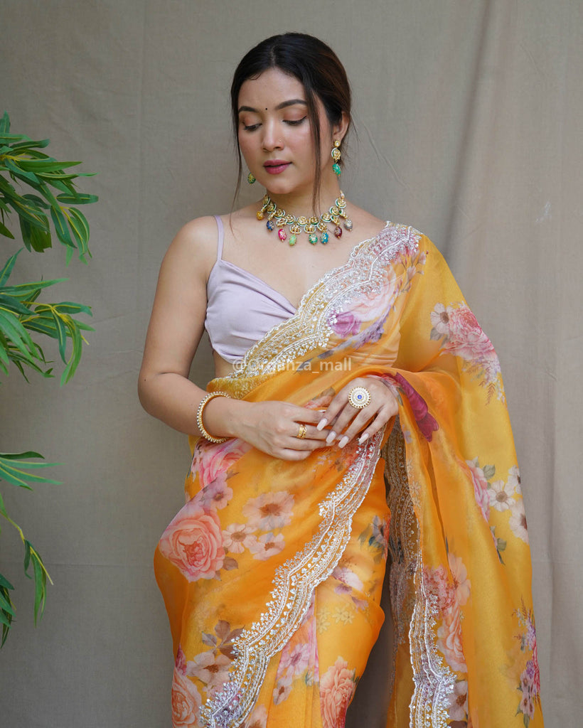 Handwork Best New Arrivals Organza Yellow Saree – Organza Mall